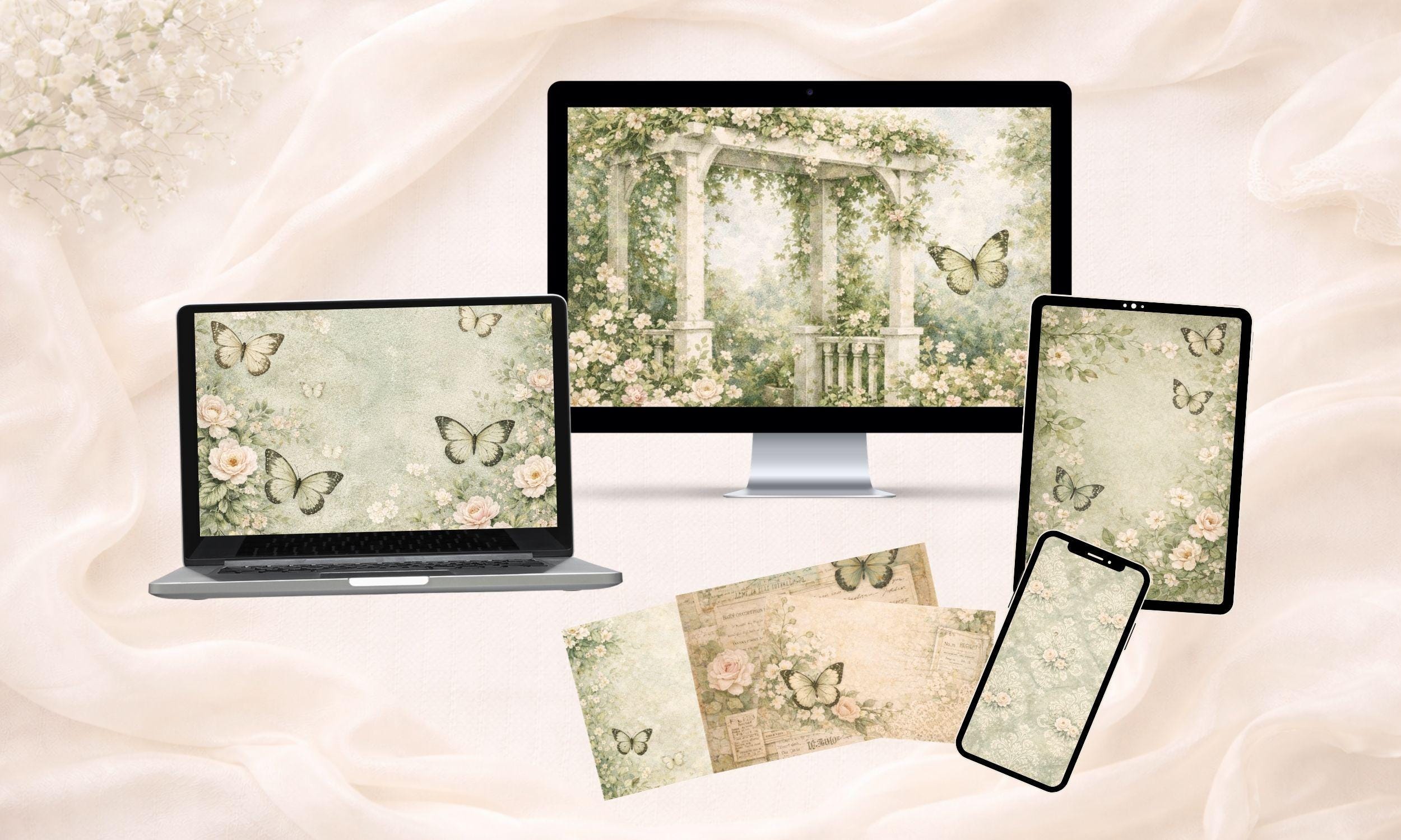 Sage Butterfly Garden Digital Papers, Vintage Floral Scrapbook Pack ...