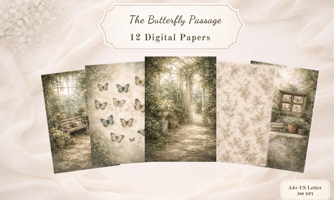 Vintage Botanical Digital Papers | Neutral Sage Butterfly Garden Junk ...