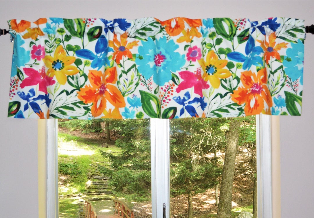 Tropical Floral Valance: Teal Orange Kitchen Window Topper, Covington ...