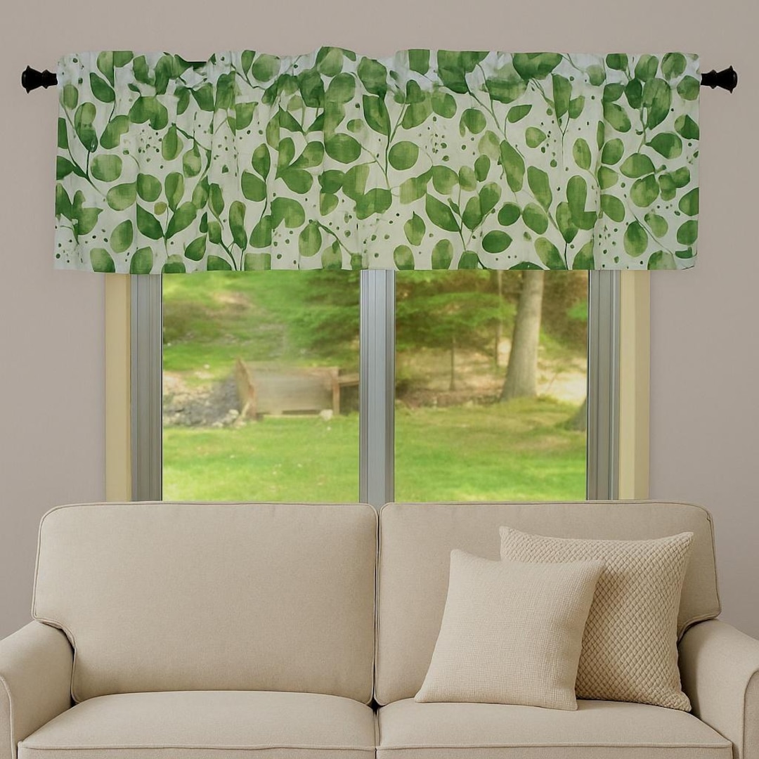 Green Leaf Kitchen Valance: Watercolor Botanical Window Treatment ...