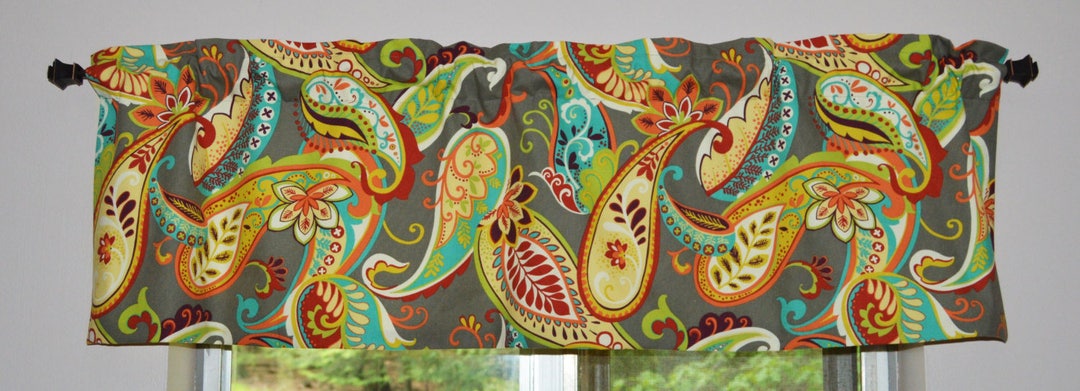 Gray Paisley Kitchen Valance: Colorful Cotton Window Treatment - Etsy