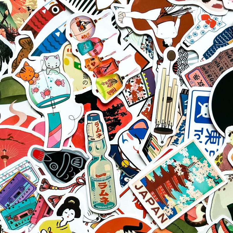 Pack of 50 Japanese Aesthetic Stickers, Lantern Daruma Stickers, Koi ...
