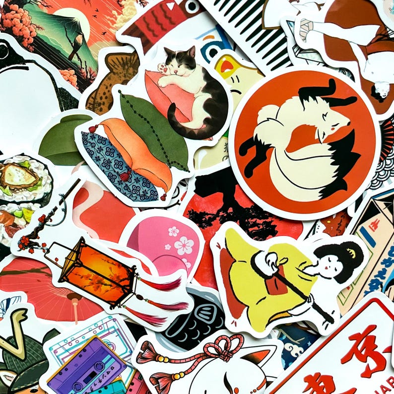 Pack of 50 Japanese Aesthetic Stickers, Lantern Daruma Stickers, Koi ...