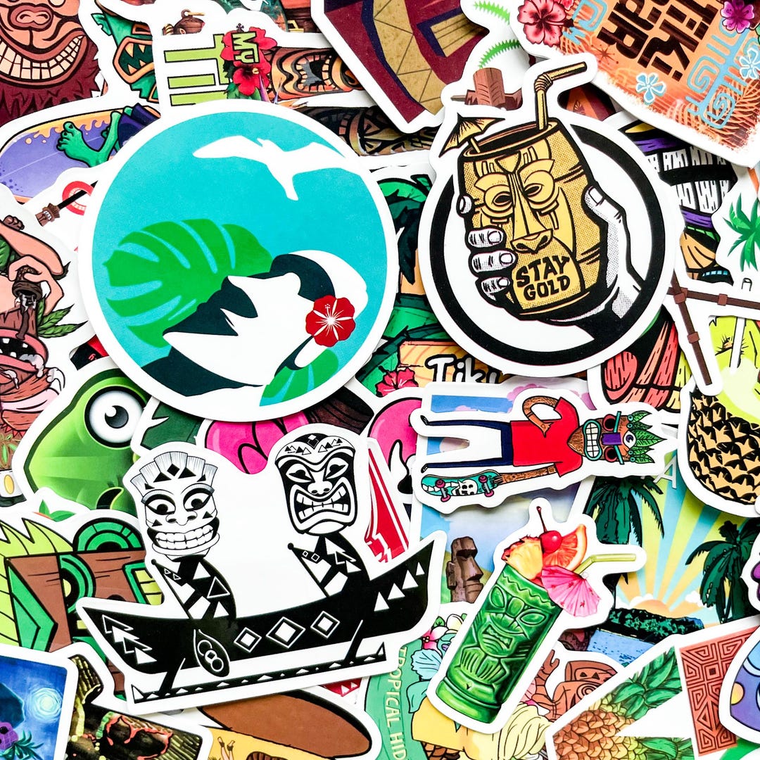 Pack of 50 Tropical Tiki Stickers, Hawaii Island Stickers, Beach Sunset ...