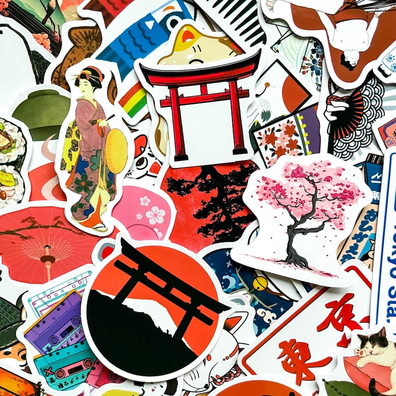 Pack of 50 Japanese Aesthetic Stickers, Lantern Daruma Stickers, Koi ...
