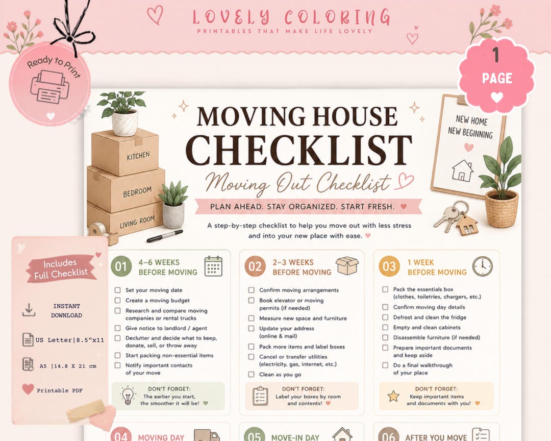 Moving Out Checklist Printable, Moving House Planner PDF, Apartment ...