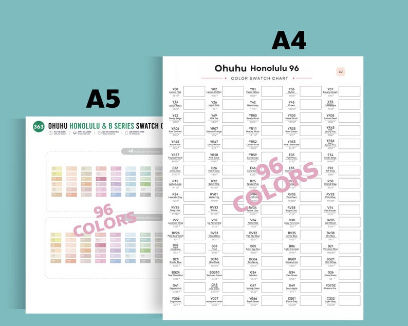 Ohuhu Honolulu 96 Swatch Chart Printable PDF, Ohuhu Marker Color ...