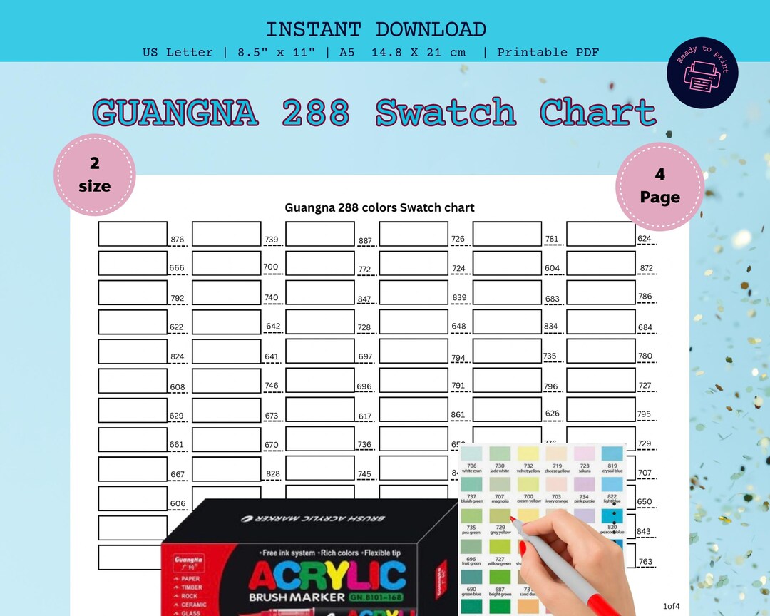 Guangna 288 Color Swatch Chart Printable PDF – Acrylic Brush Marker ...