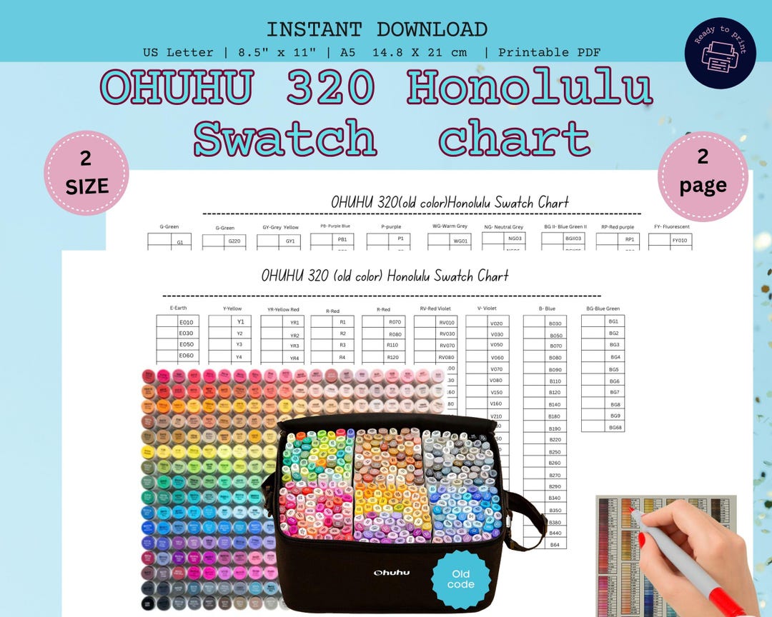 Ohuhu 320 Honolulu Swatch Chart, Marker Color Chart Printable , Alcohol ...