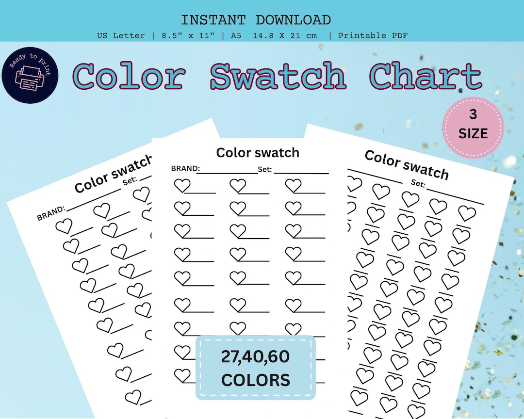 Printable Heart Color Swatch Chart – 27, 40 & 60 Colors , Cute Art ...