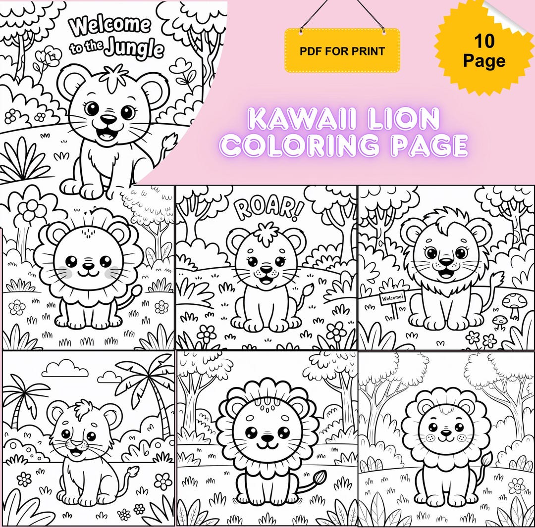 Kawaii Lion Coloring Pages | Cute Jungle Animal Coloring Book for Kids ...