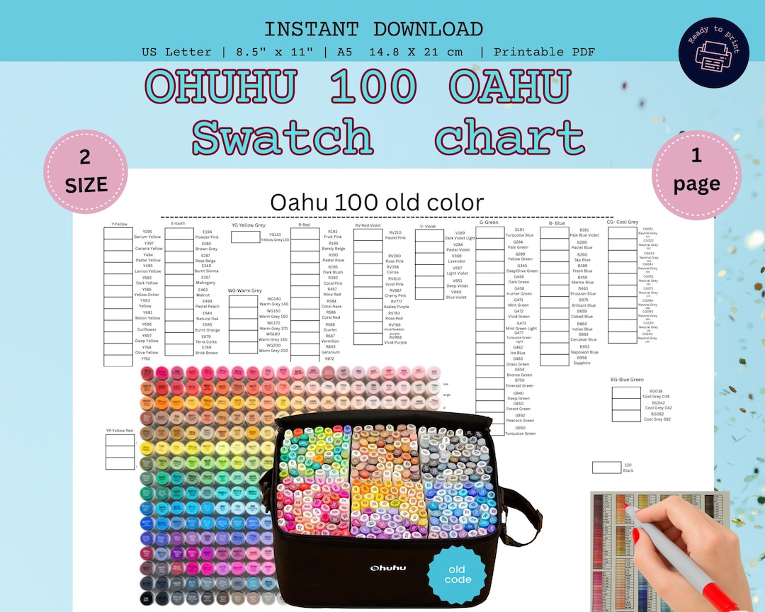 Ohuhu 100 Oahu Swatch Chart Old Version | Printable Color Chart PDF for ...