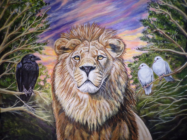 Lion Original Painting -lion With Raven and Doves Painting- Lion Gift ...