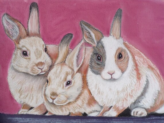 Rabbit Trio Pastel Original Animal Wall Art Painting - Etsy