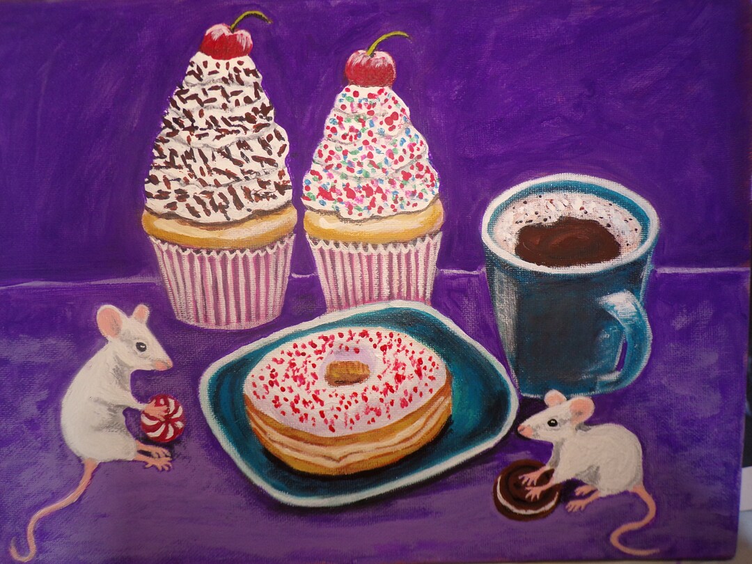 Original Mice and Sweets Painting, Whimsical Handmade Art, 8x10 Canvas ...