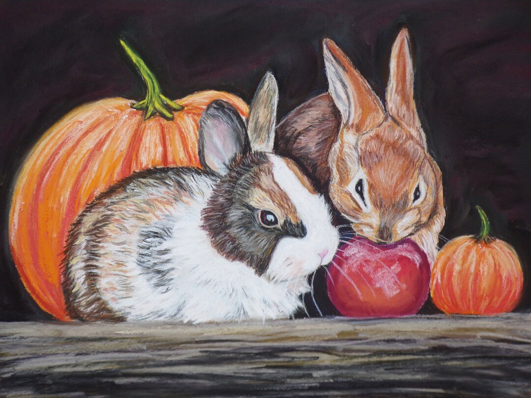 Rabbit Bunny Duo With Pumpkin Art Print of Original Animal Wall Art ...
