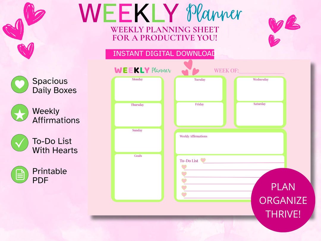 Pink Weekly Planner Printable, Goals, To-do List, Organizer (digital ...