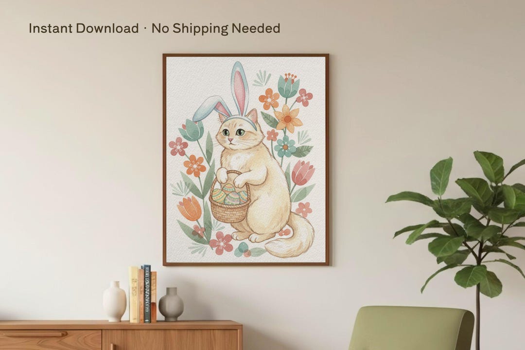 Spring Bunny Cat Art Print – Easter Wall Decor, Instant Download, Soft ...
