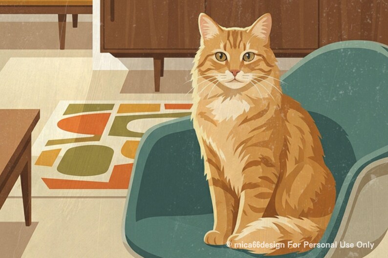 Retro Cat Art, Mid Century Modern Illustration, Cozy Home Decor ...