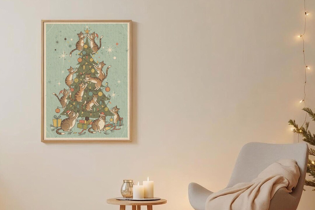 Funny Fat Cats Climbing Christmas Tree – Retro Holiday Wall Art ...