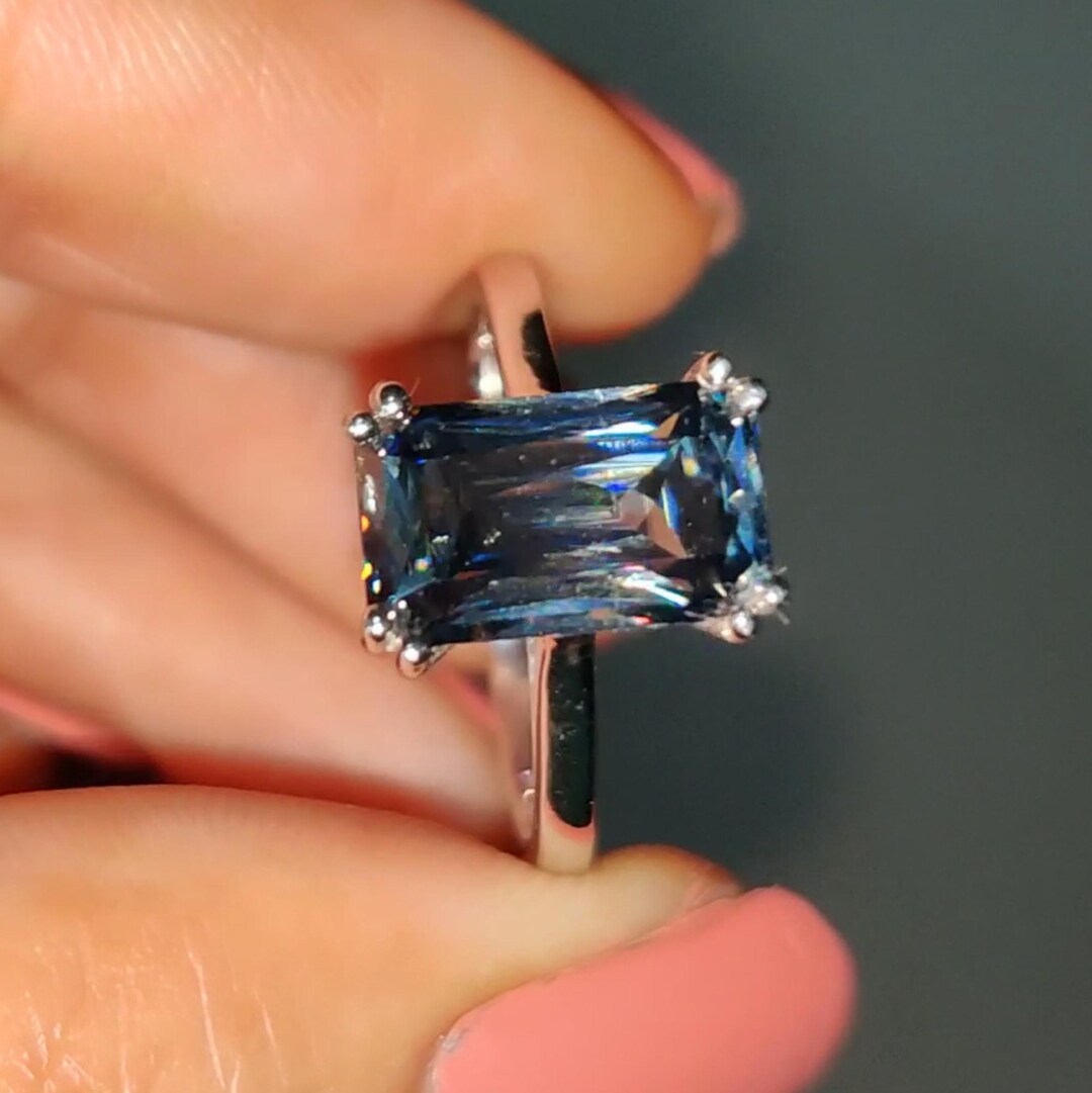 Dark Gray Radiant Cut Moissanite Ring, Vintage Style Double Prong ...