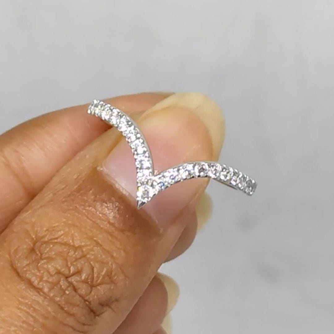 Curved V Shape Chevron Wedding Ring Pave Setting Matching Eternity Band ...