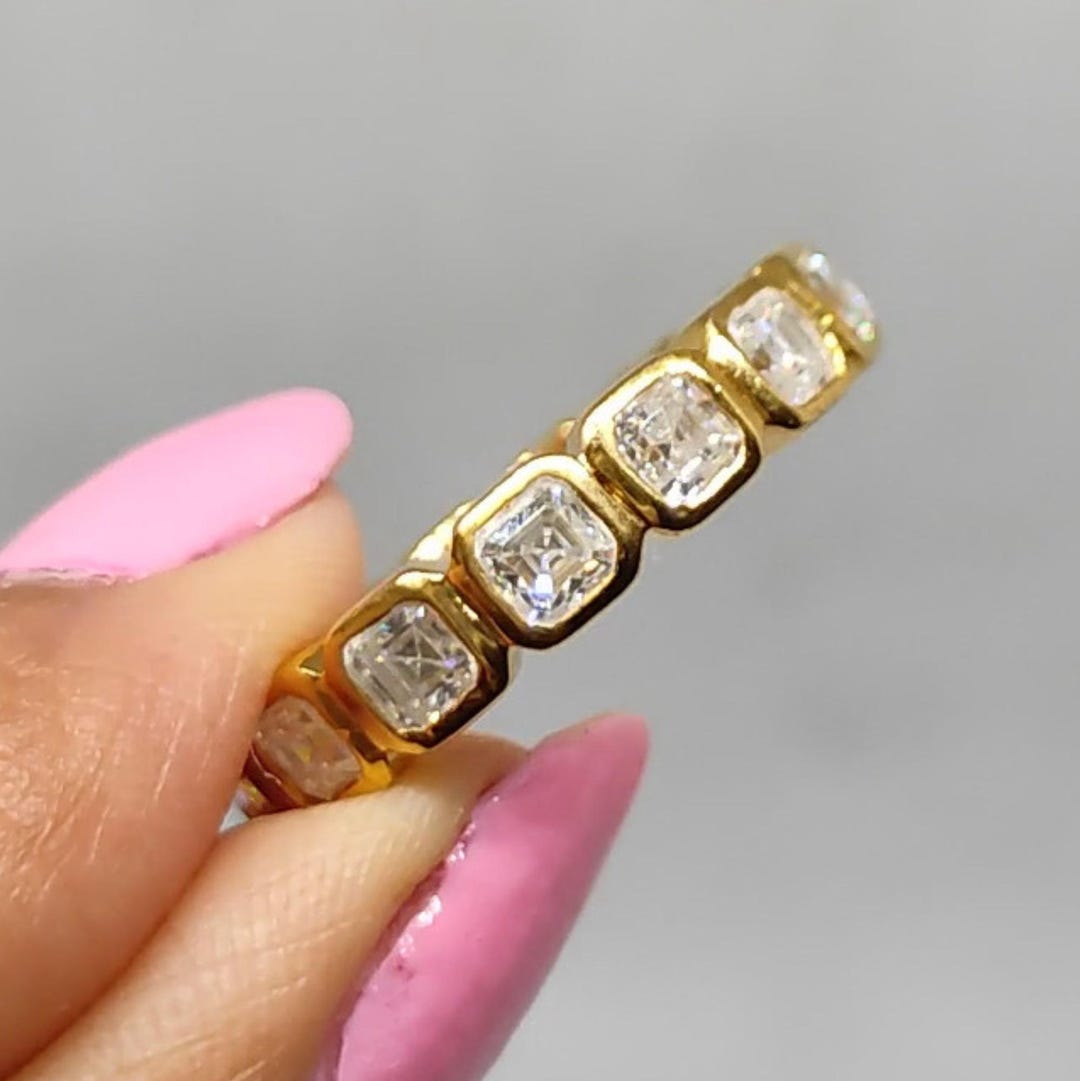 Bezel Set Asscher Cut Moissanite Band, Full Eternity Wedding Band ...