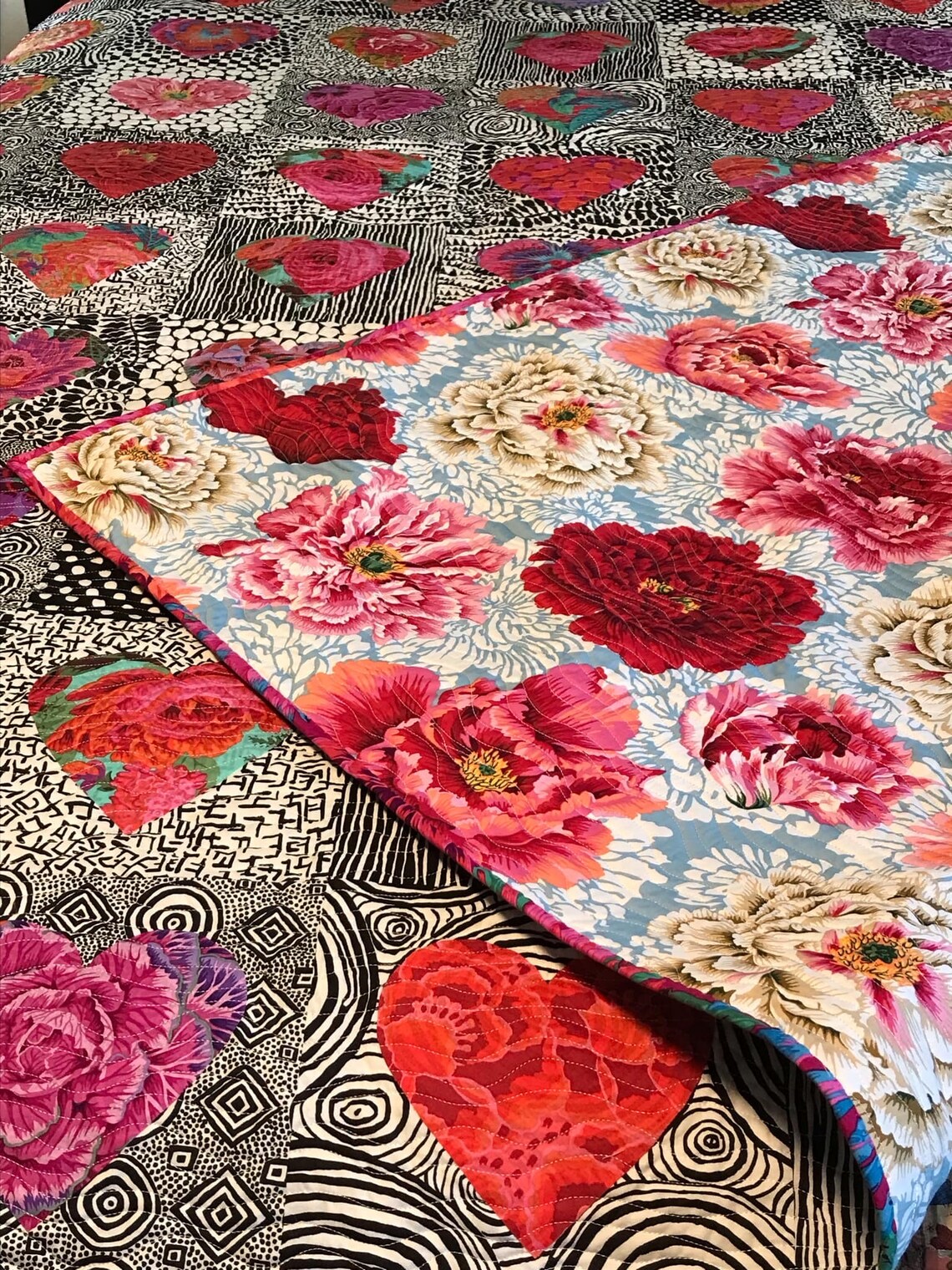 Homemade Kaffe Fassett Heart Quilt. 100% Cotton. 82x82 Inches- Generous ...