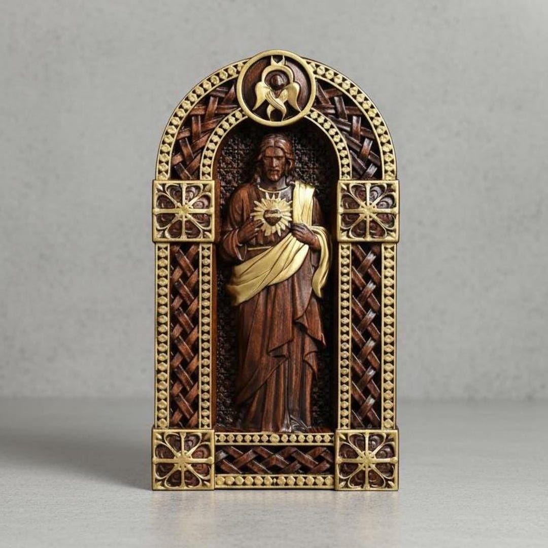 Sacred Heart of Jesus Wooden Statue – Hand Carved Solid Wood Arch Icon ...