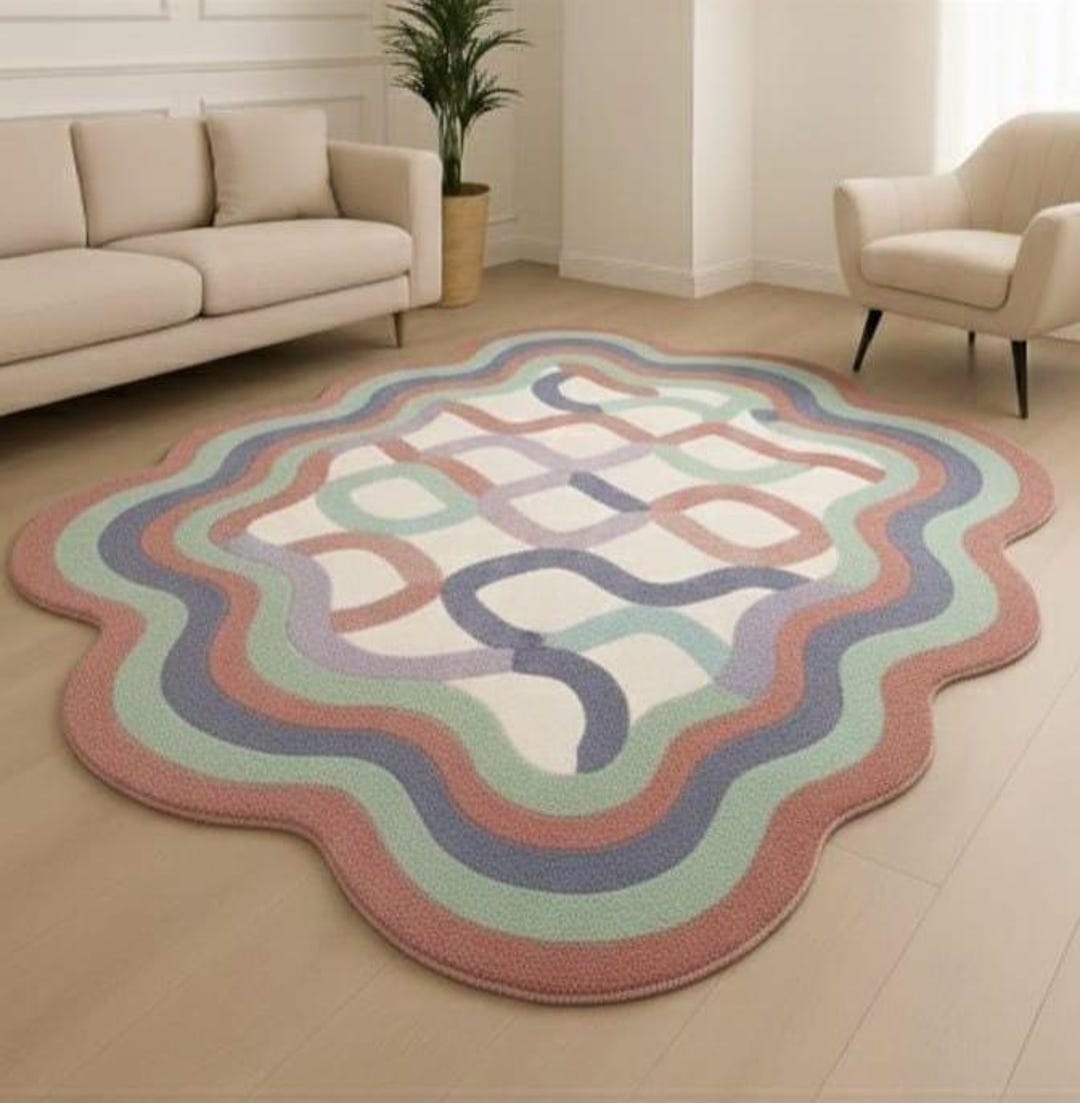 Wavy Scalloped Edge Area Rug - Pastel Abstract Geometric Tufted Carpet ...