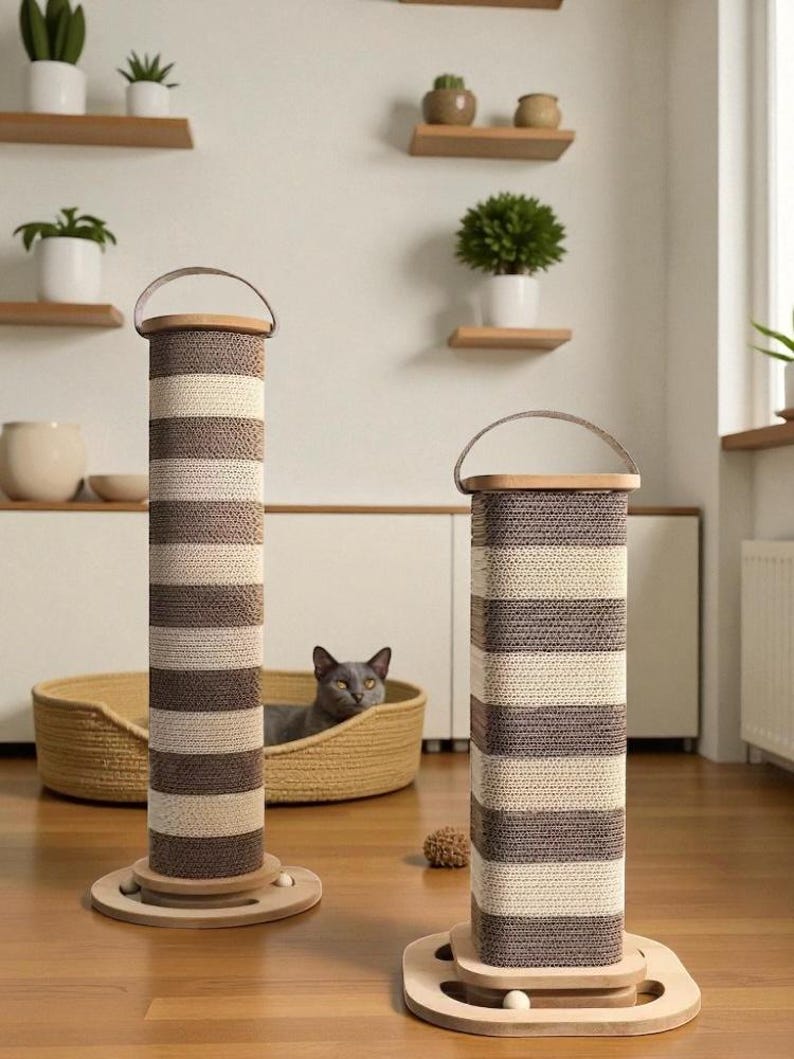 Modern Cat Scratching Post | Minimalist Striped Pet Tower | Neutral ...