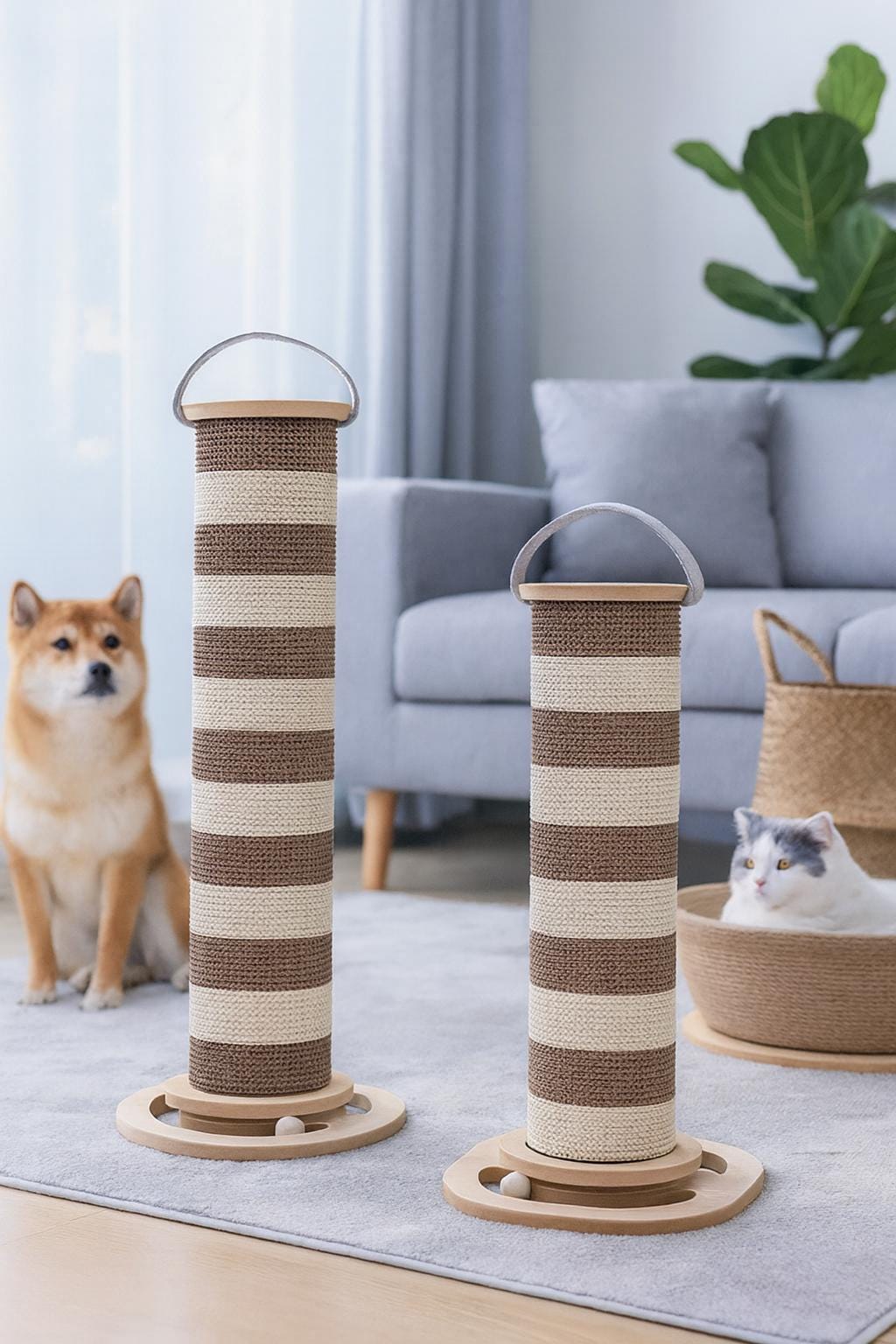 Modern Cat Scratching Post | Minimalist Striped Pet Tower | Neutral ...