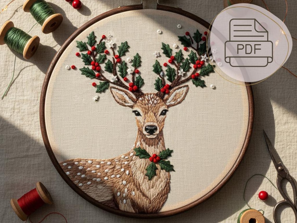 Christmas Deer Pattern PDF: Holiday Hand Embroidery Design, Festive ...