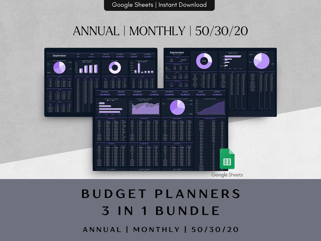 Budget Planner Bundle Google Sheets Dark Annual Monthly 50/30/20 Weekly ...