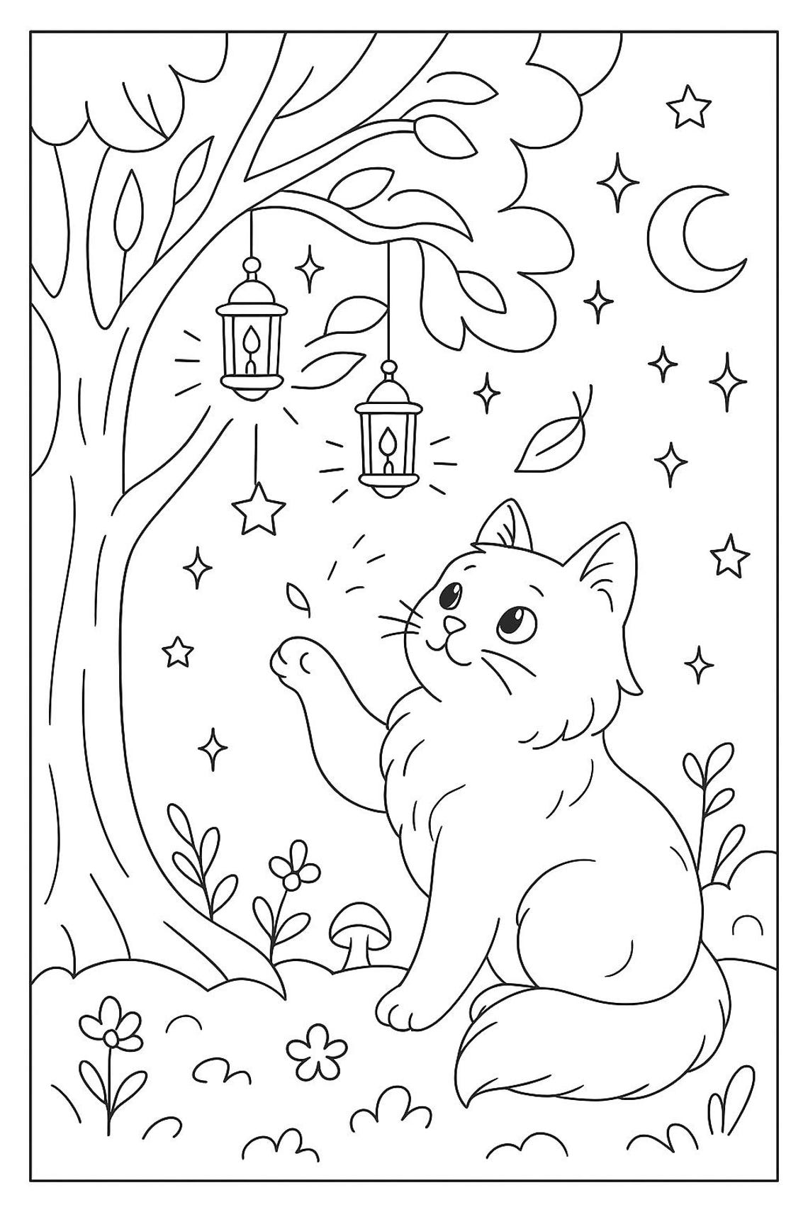 Cat Coloring Pages – Set of 5 Printable Pages – Moon & Stars Theme ...