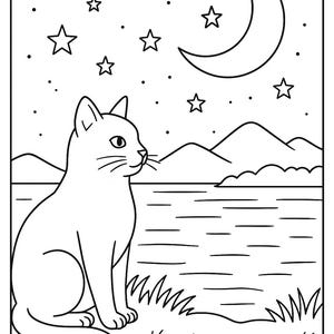 Cat Coloring Pages – Set of 5 Printable Pages – Moon & Stars Theme ...
