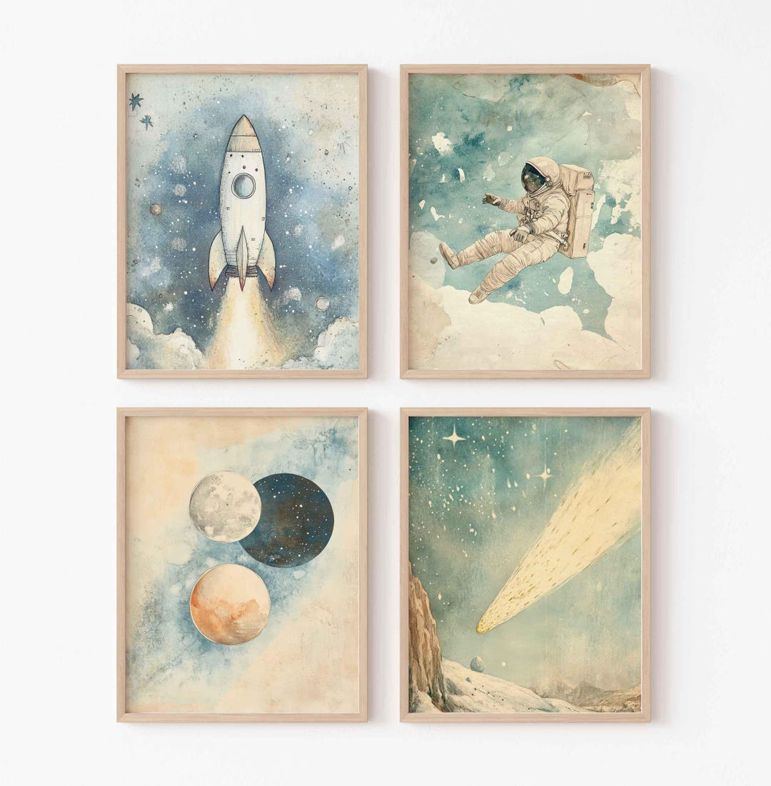 Boy Space Adventure Nursery Wall Art Gallery: Rocket, Astronaut ...