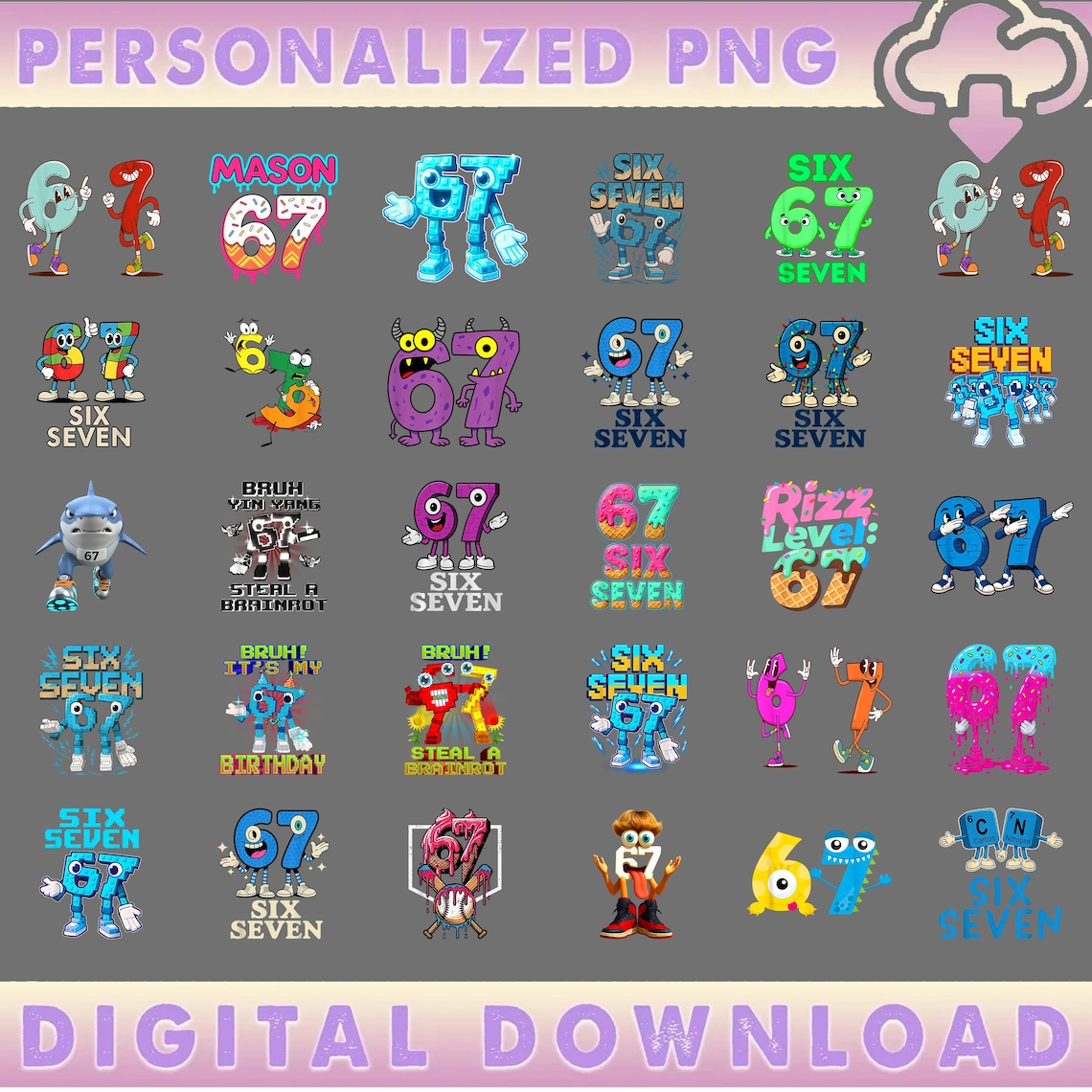 Steal a Brainrot Six Seven Italian Brainrot Kids Gaming Meme PNG Bundle ...