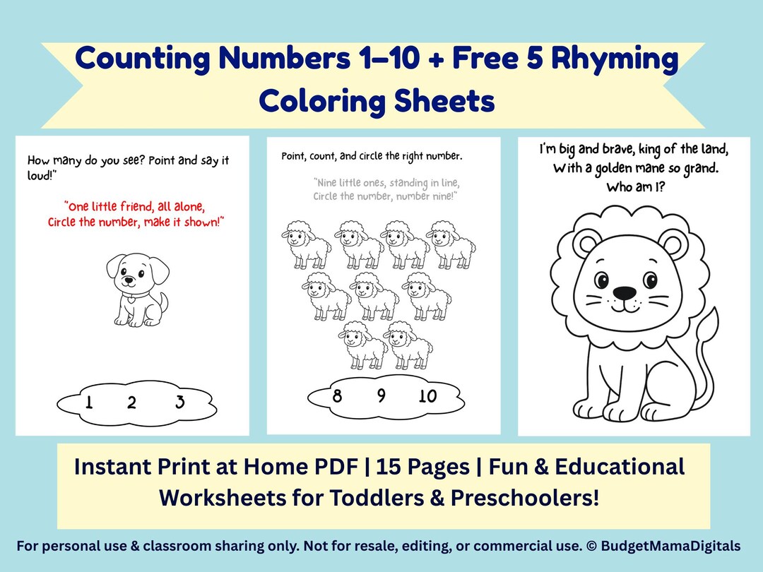 Counting Numbers 1-10 Worksheets + Rhyming Coloring Pages | Preschool ...
