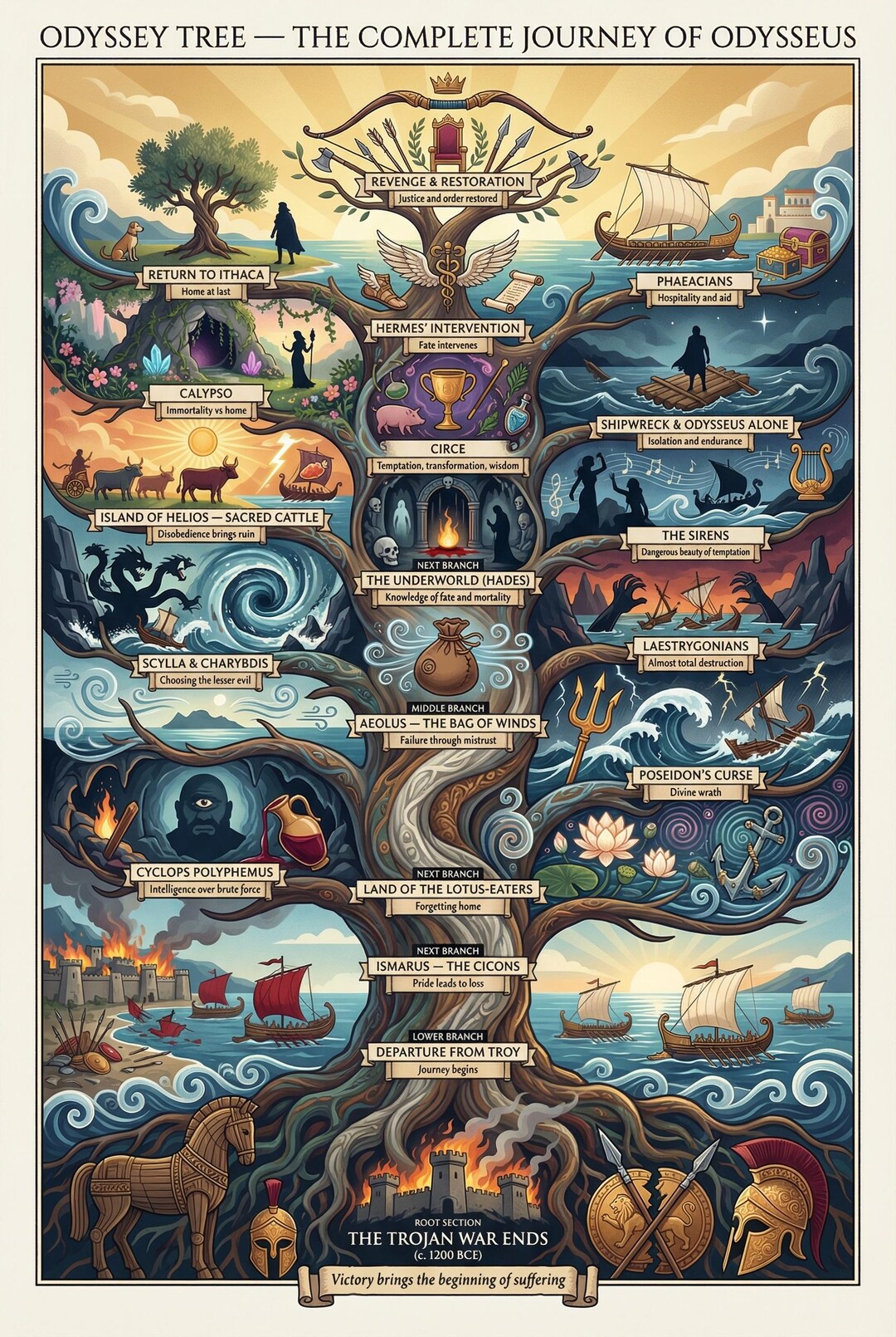 Odyssey Tree Poster, Journey of Odysseus Mythology Art, Greek Mythology ...
