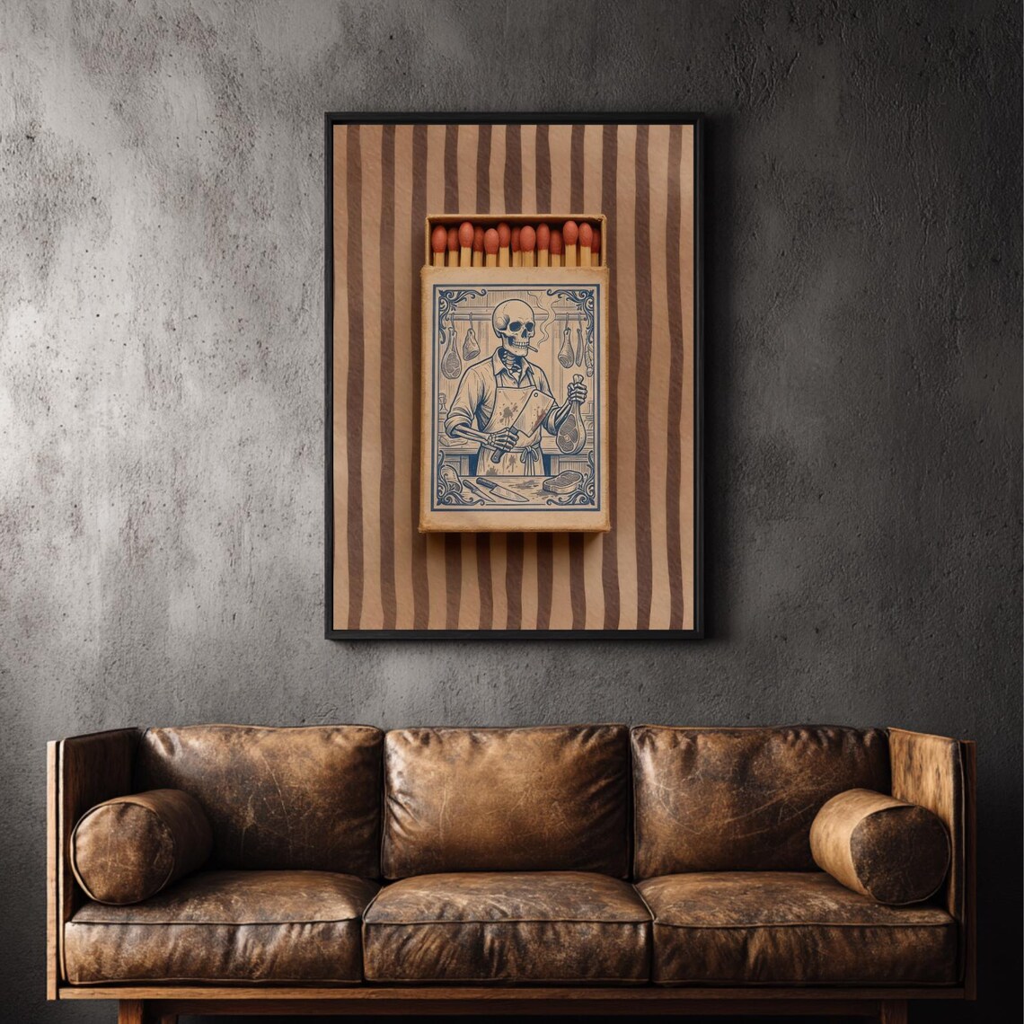 The Butcher Matchbook Print, Stripped Brown Line Art, Skeleton Butcher ...