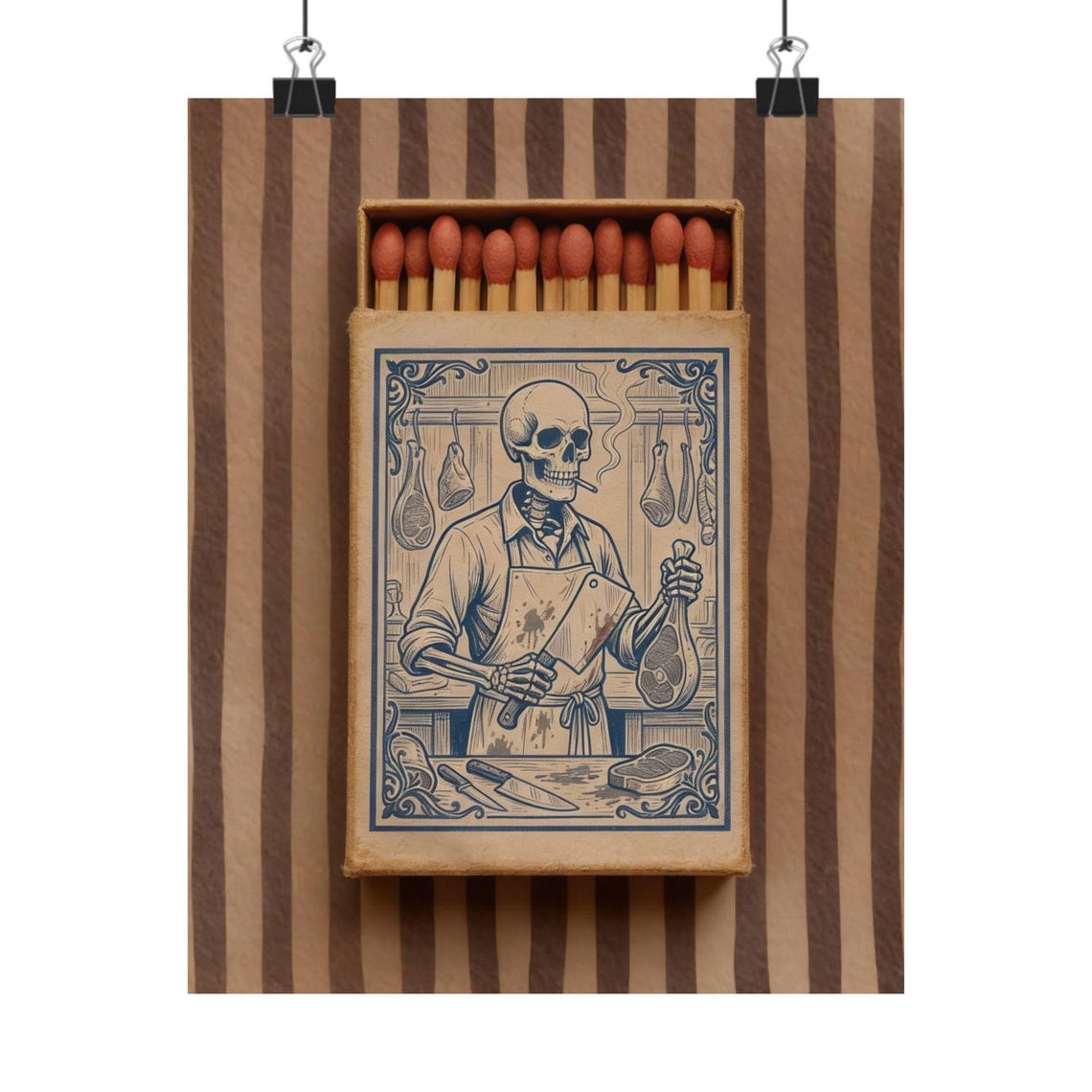 The Butcher Matchbook Print, Stripped Brown Line Art, Skeleton Butcher ...