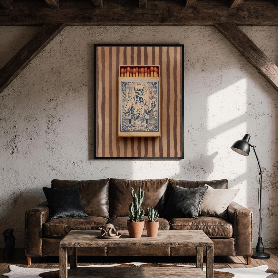 The Butcher Matchbook Print, Stripped Brown Line Art, Skeleton Butcher ...
