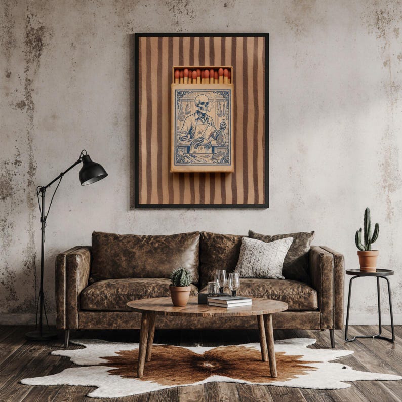 The Butcher Matchbook Print, Stripped Brown Line Art, Skeleton Butcher ...