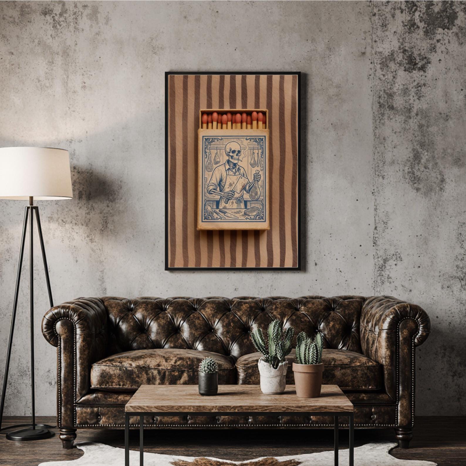 The Butcher Matchbook Print, Stripped Brown Line Art, Skeleton Butcher ...