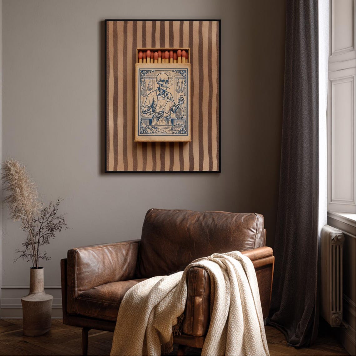 The Butcher Matchbook Print, Stripped Brown Line Art, Skeleton Butcher ...