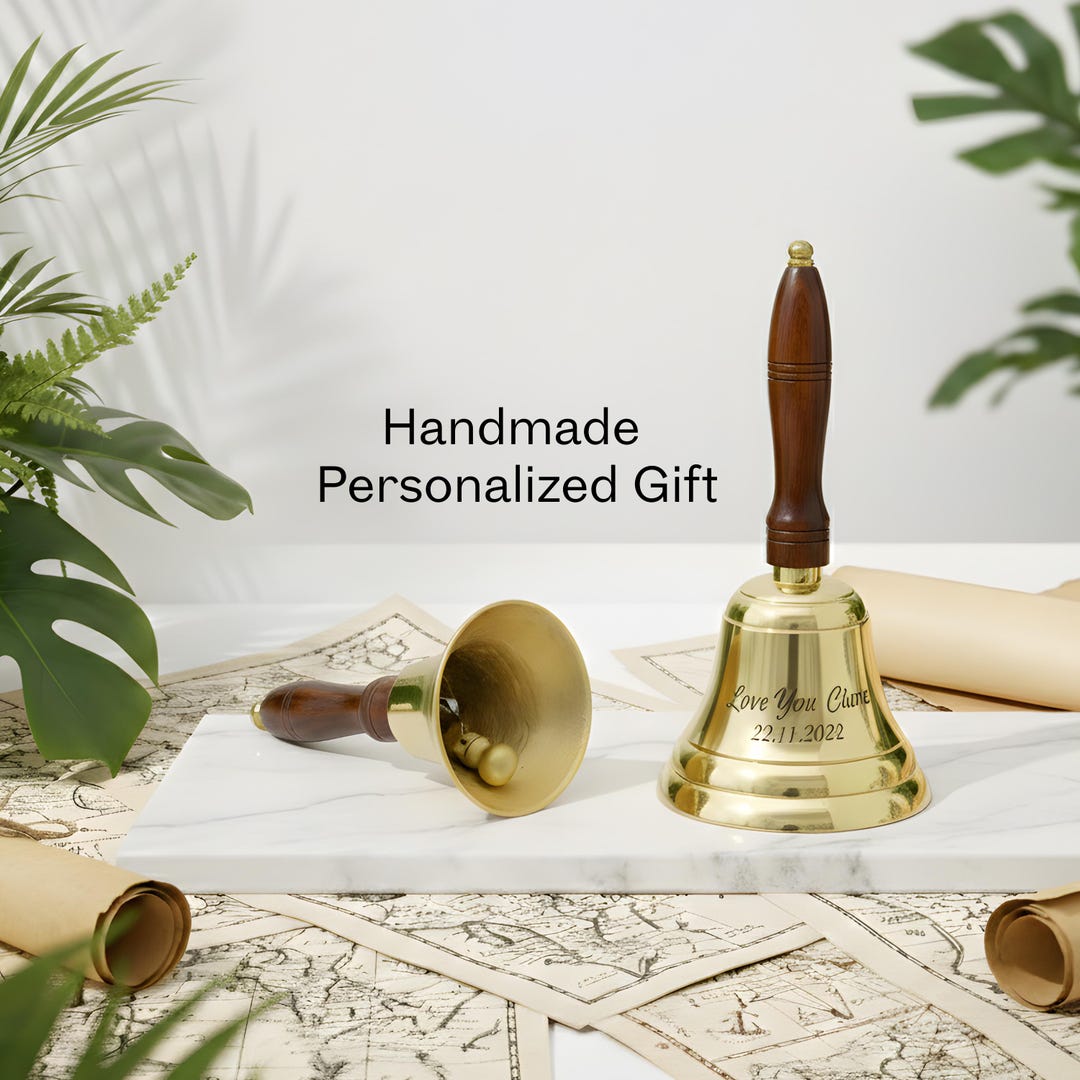 Personalized Brass Hand Bell | Custom Engraved Wooden Handle Desk Bell ...