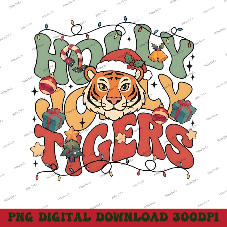 Holly Jolly Tigers PNG – Christmas Tigers Santa Hat, Holiday Lights ...