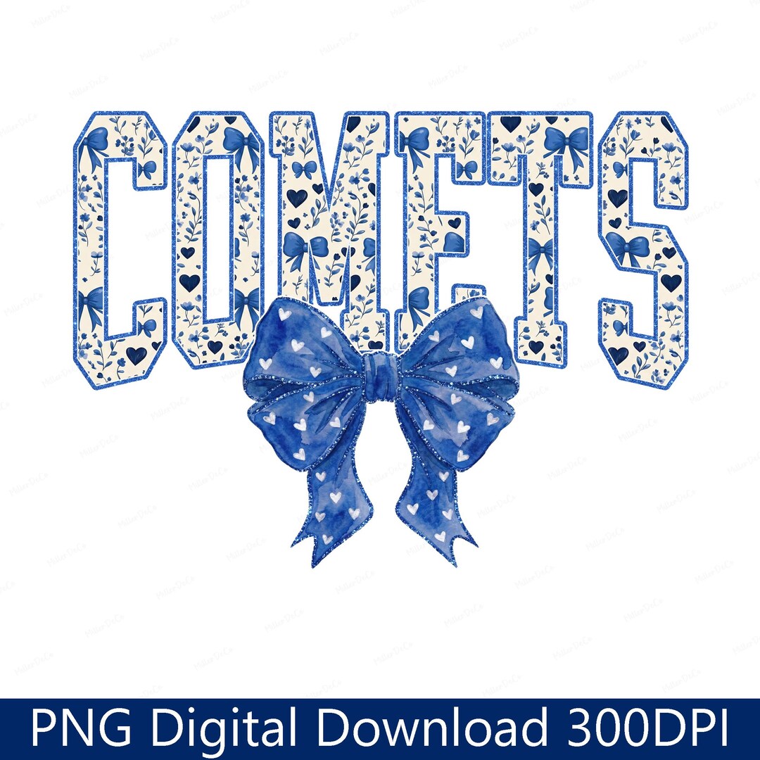 Comets Mascot PNG, Blue Floral Heart Bow, Team Spirit (digital Download ...