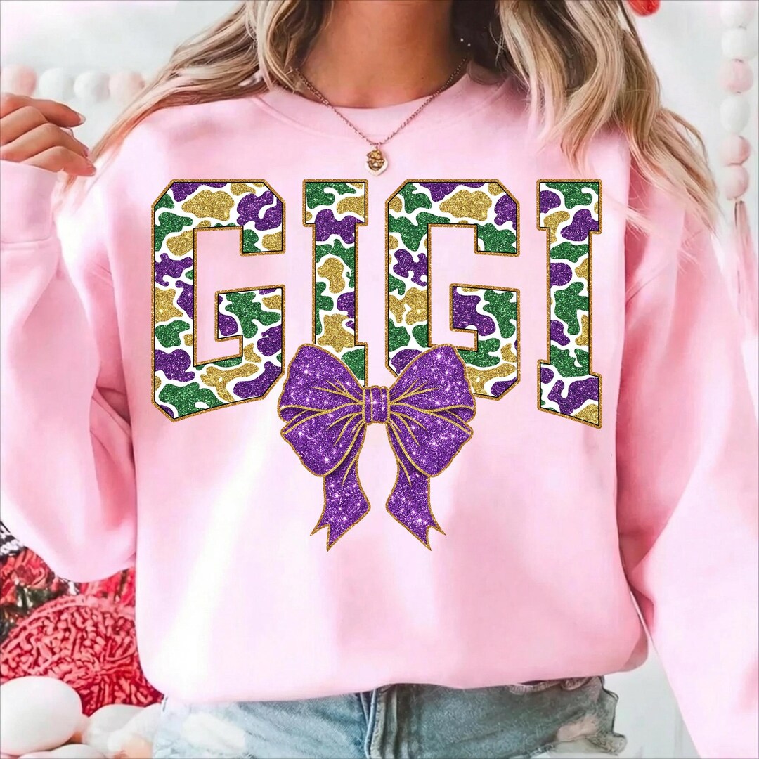 Mardi Gras Gigi PNG, Coquette Glitter Bow, Purple Green Gold Camo, Fat ...